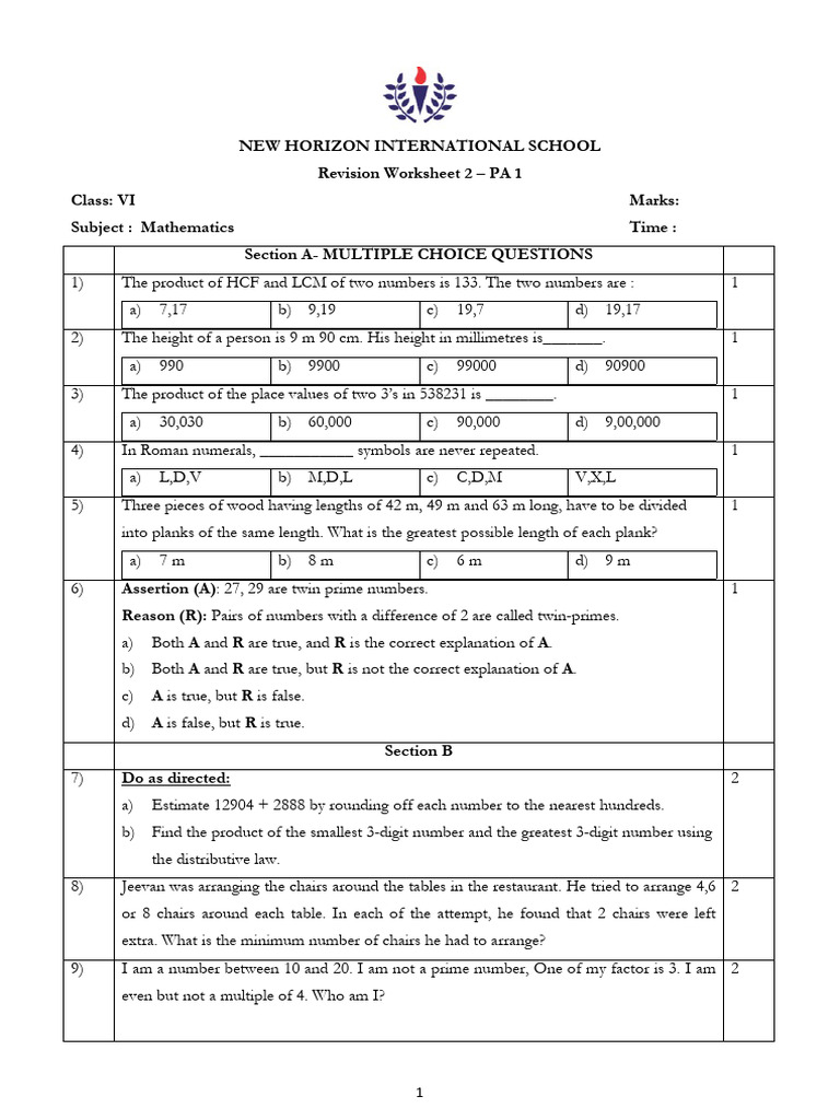 G6 PA1 Math Revision Worksheet-2197202519854 | PDF | Mathematics
