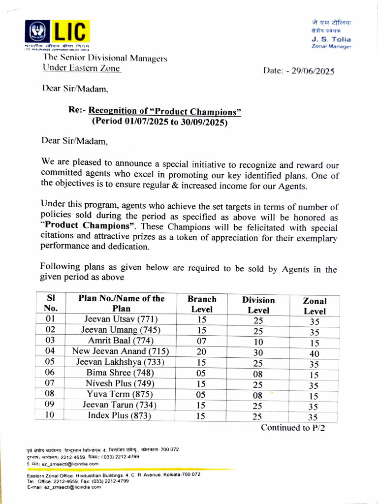 Recognition of LIC Product Champions | PDF