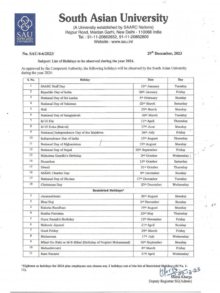 Circular List of Holidays 2024 Removed | PDF