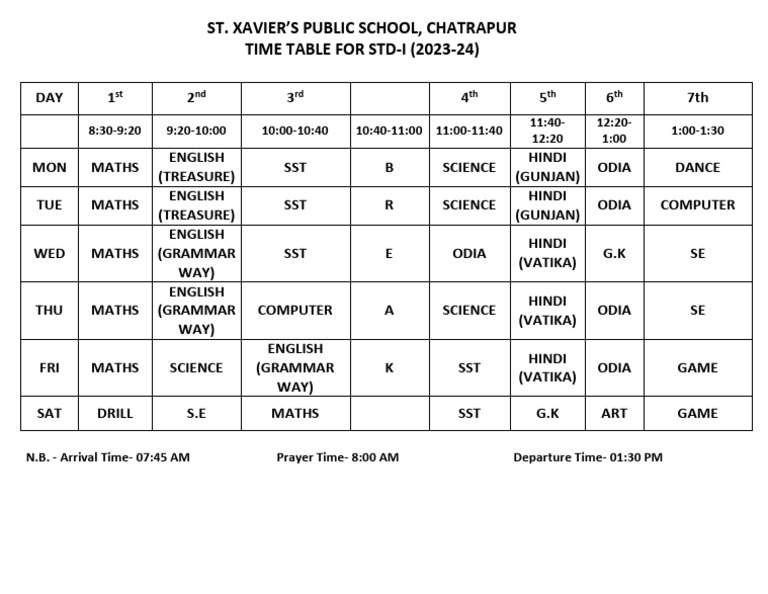 Std-I Timetable 2023-24: St. Xavier's | PDF