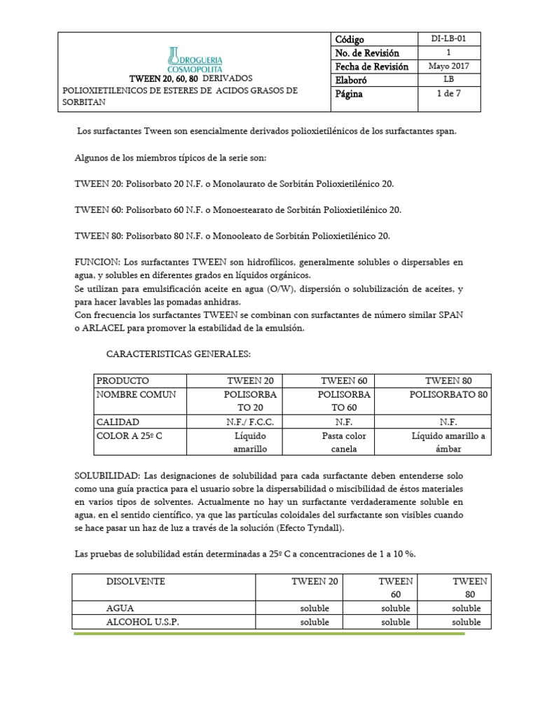 Tween 20,60,80 B1671 Al 73 | PDF | Tensioactivo | Emulsión
