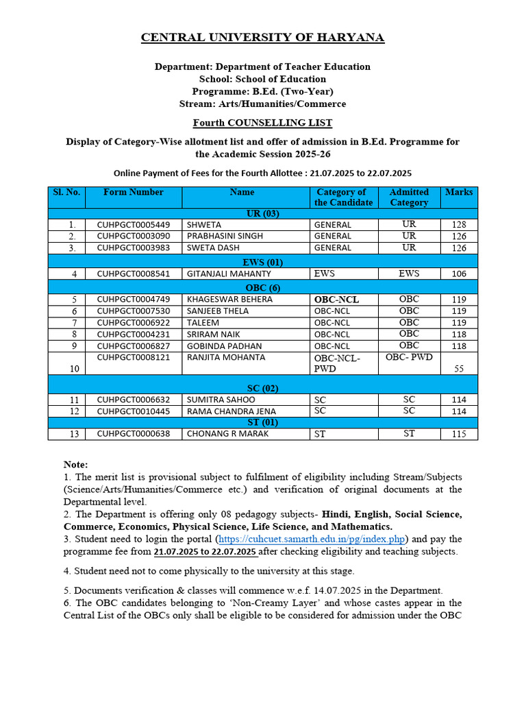 B.ED Fourth Co List ARTS - 21.07.2025 | PDF