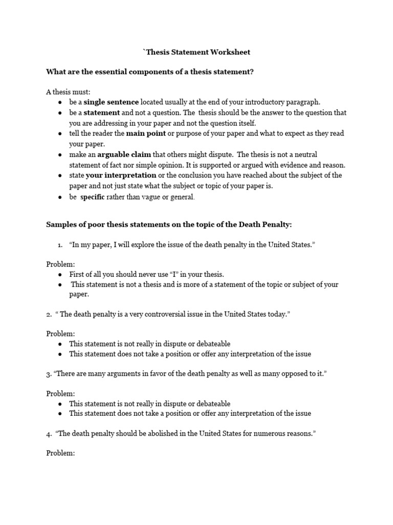 Thesis Statement Worksheet - Examples | PDF | Capital Punishment | Thesis