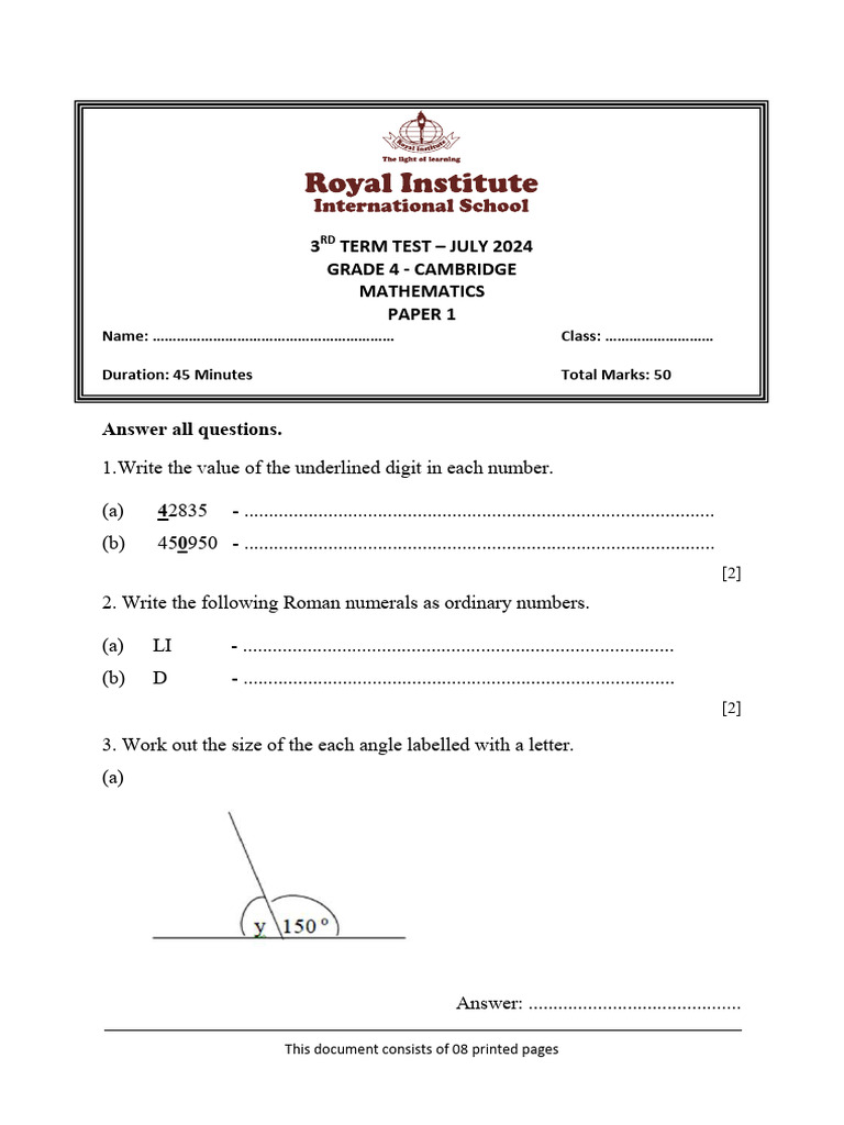 Grade 4 Cambridge Maths Paper 1 Term 3 | PDF | Numbers | Mathematics
