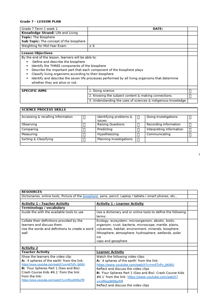 Grade 7 Lesson Plan - The Biosphere | PDF | Lesson Plan | Ecosystem