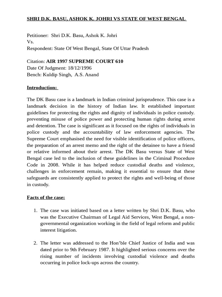 Shri D.K. Basu Vs State of West Bengal - Case Study | PDF | Arrest ...
