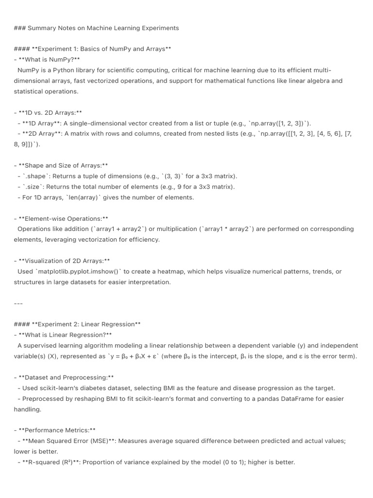 Summary Notes On Machine Learning Experiments | PDF | Principal ...