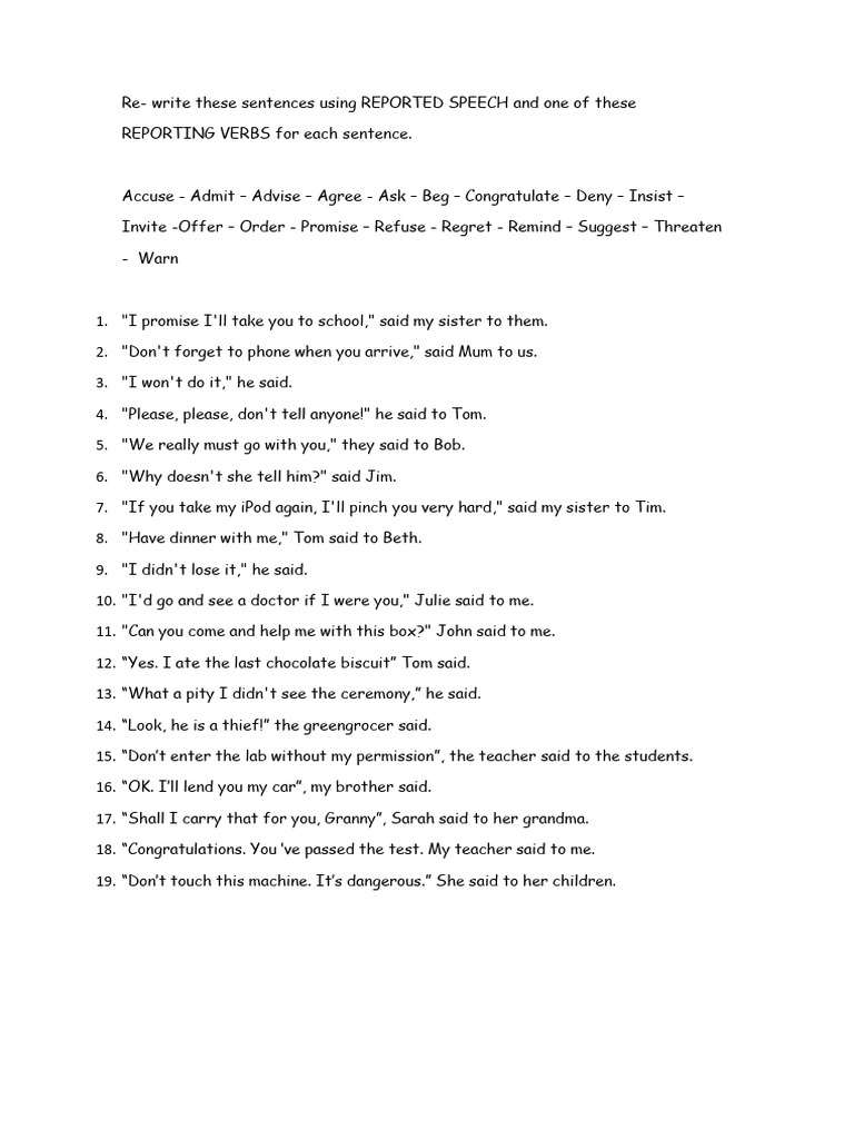 Reported Speech Exercises with Verbs | PDF