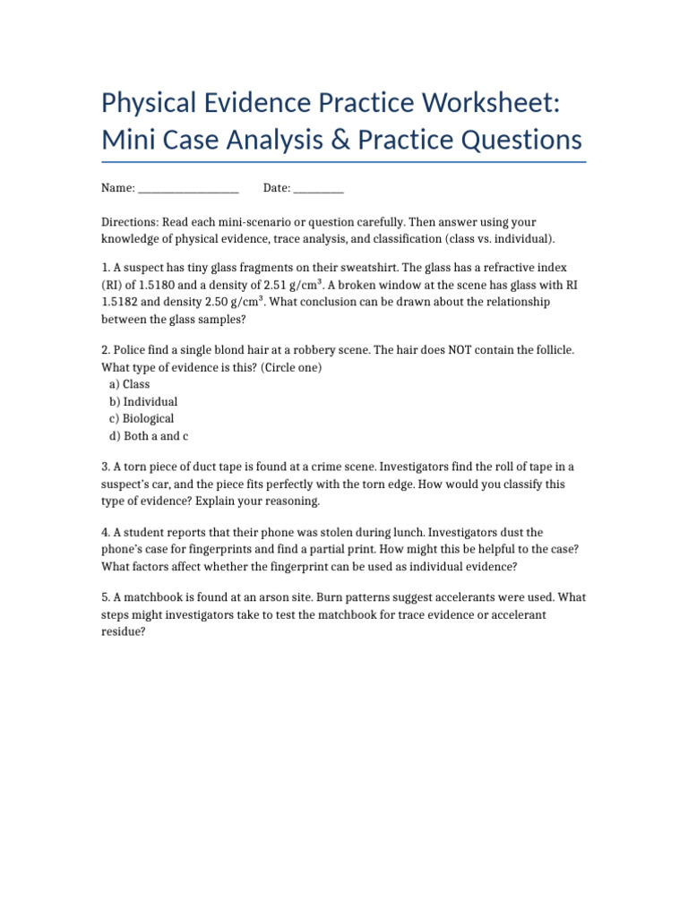 Physical Evidence Classification Worksheet | PDF