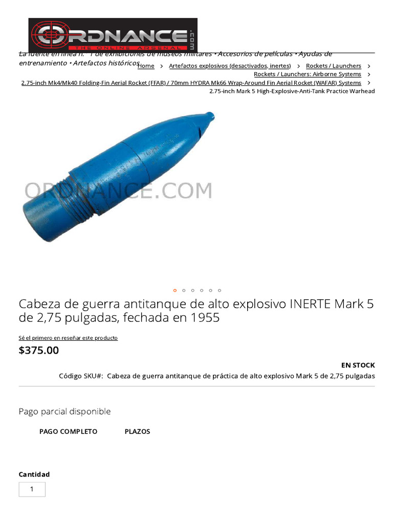 Cabeza de Guerra Antitanque de Práctica de Alto Explosivo Mark 5 de 2 ...