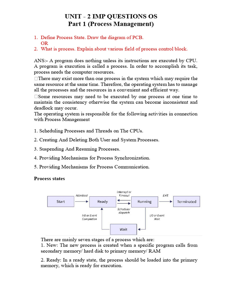 Unit 2 (Process) Imp Question Part 1 | PDF | Process (Computing) | Thread (Computing)