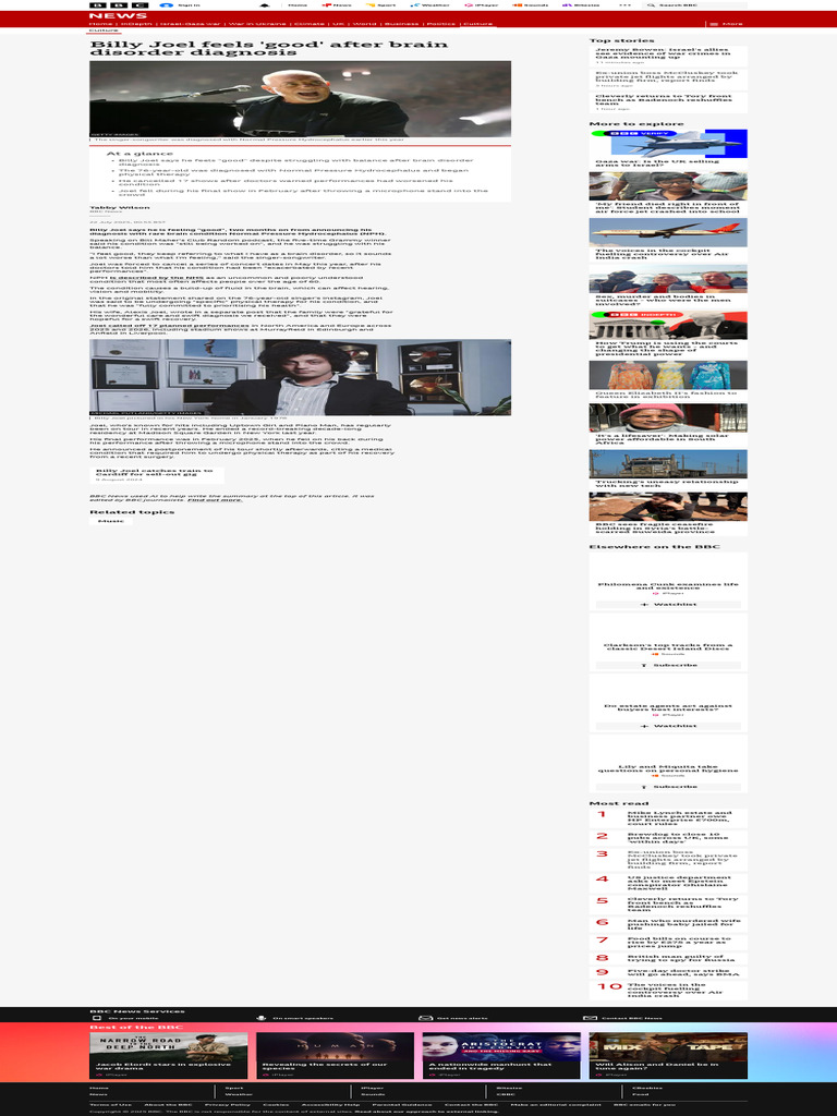 Billy Joel Feels 'Good' After Brain Disorder Diagnosis - BBC News | PDF | Bbc