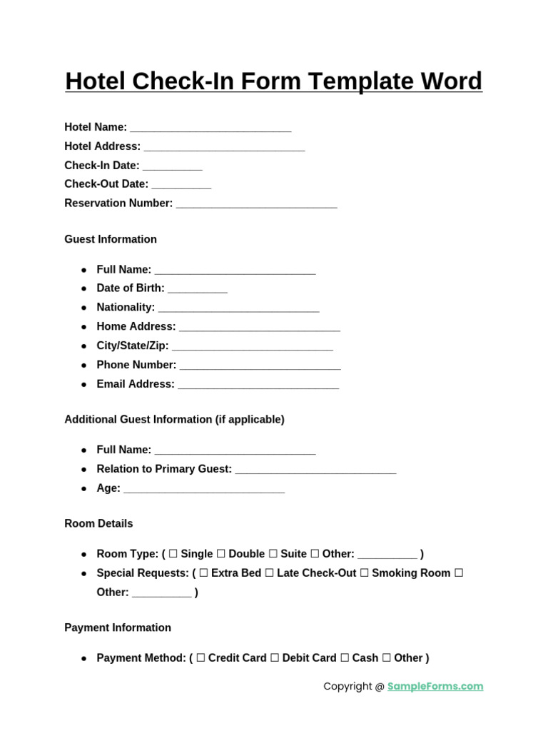 Hotel Check in Form Template Word | PDF