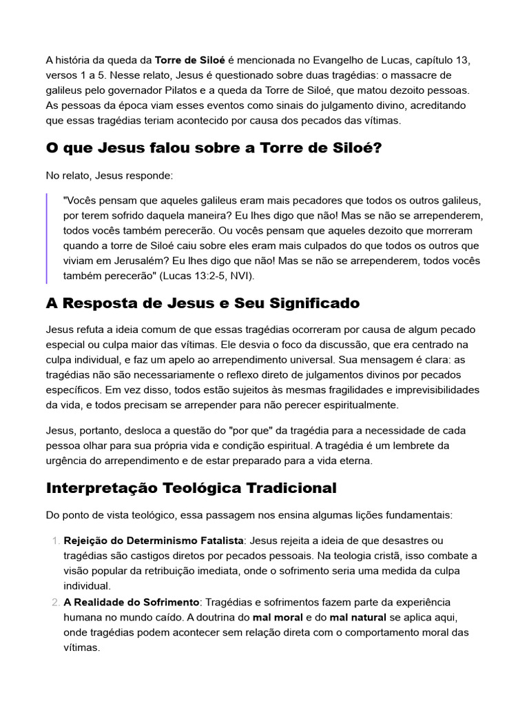 A Queda da Torre de Siloé e Arrependimento | PDF | Jesus | Teologia