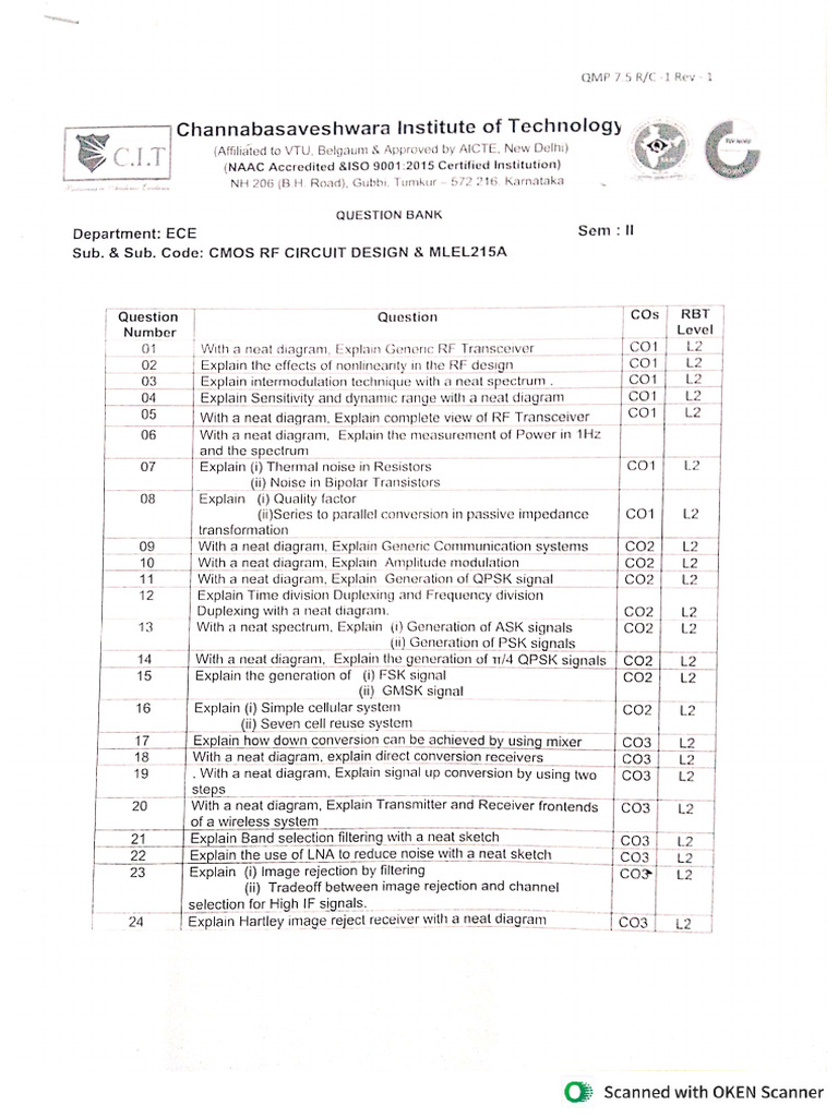 CMOS RF Circuit Design (MLEL215A) Question Bank | PDF