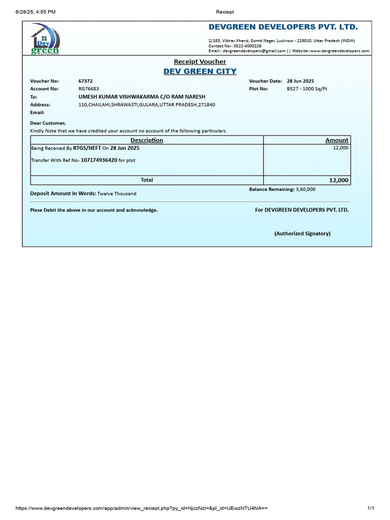 Receipt for Dev Green City Plot Purchase | PDF