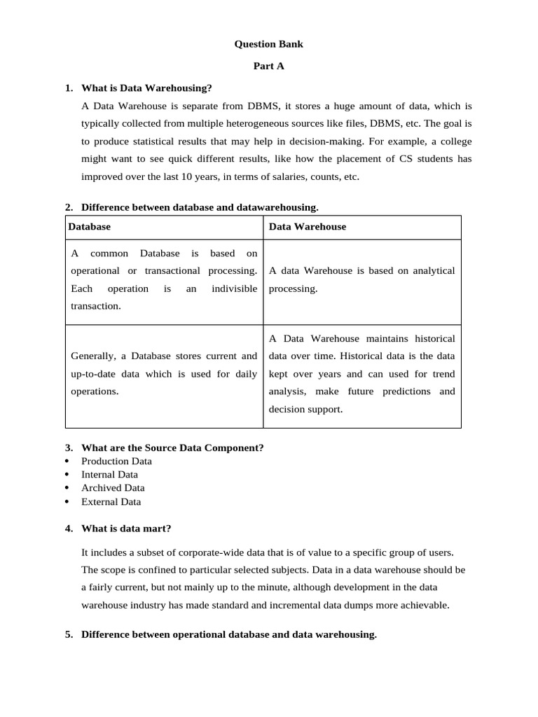 UNIT 1 Question Bank | PDF | Data Warehouse | Databases