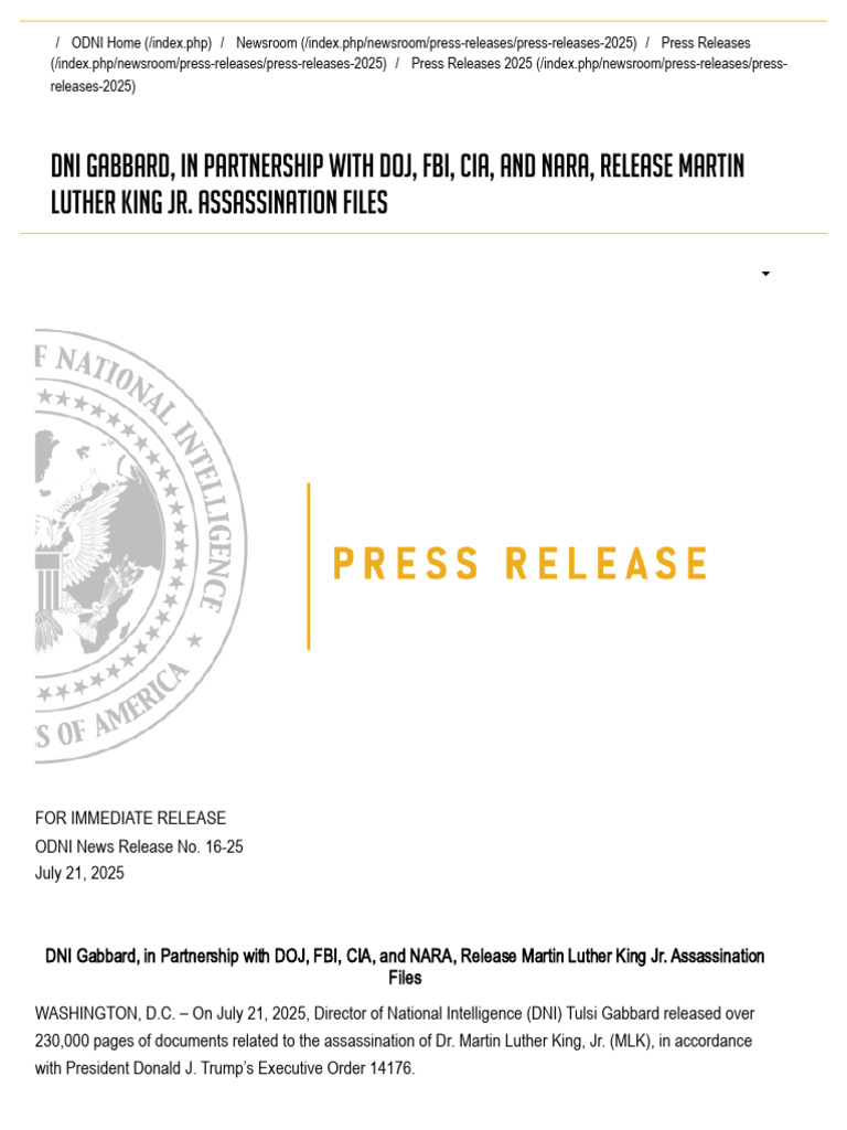 DNI Gabbard, in Partnership With DOJ, FBI, CIA, and NARA, Release ...