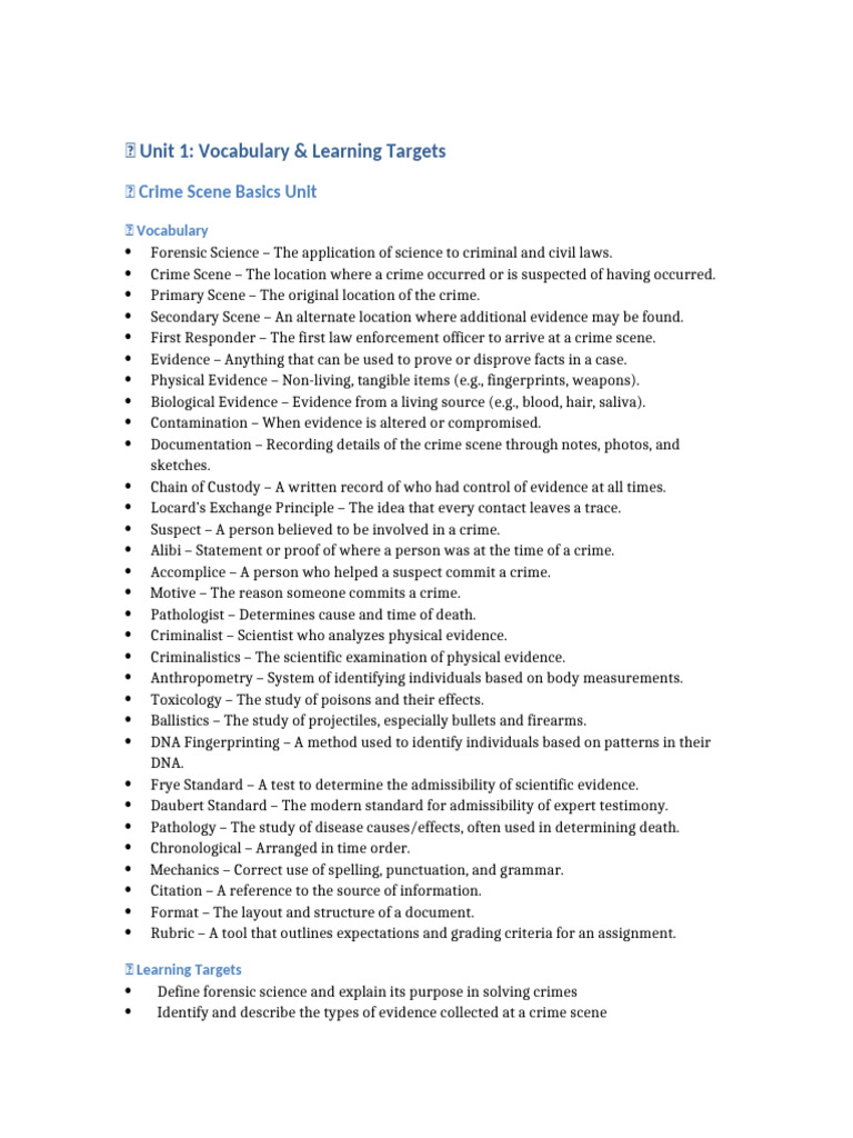 Unit 1 Vocabulary and Learning Targets | PDF | Crime Scene | Forensic ...
