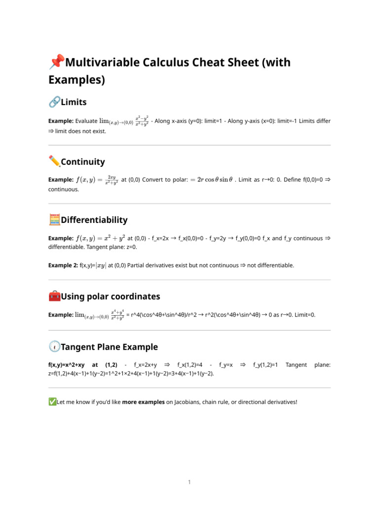 Multivariable Calculus Cheat Sheet | PDF