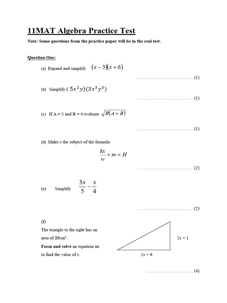 11MAT Algebra Practice Test - 2025 NCEA LEVEL 01 | PDF | Equations ...