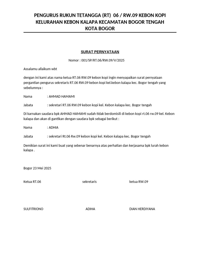 Surat Pernyataan Penganti Pengurus RT | PDF