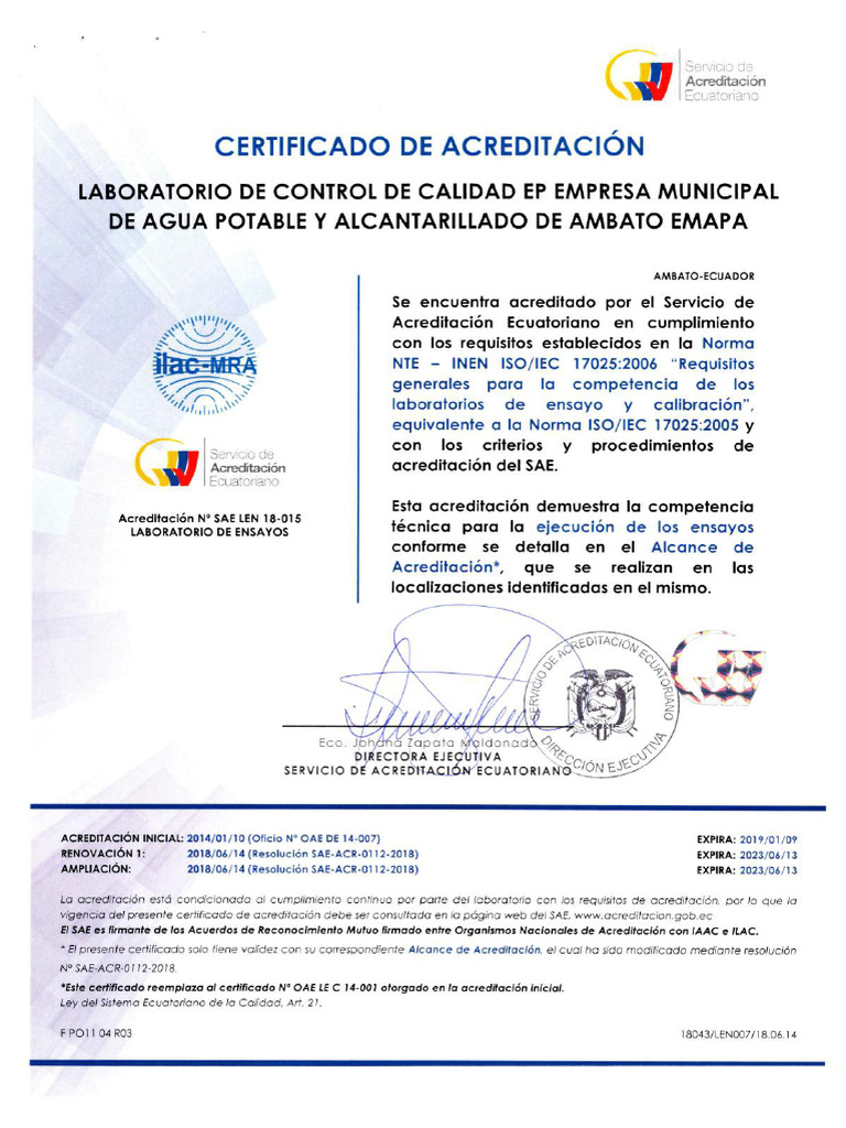 Certificado y Resolucion SAE 2018 Final | PDF | Agua | Química