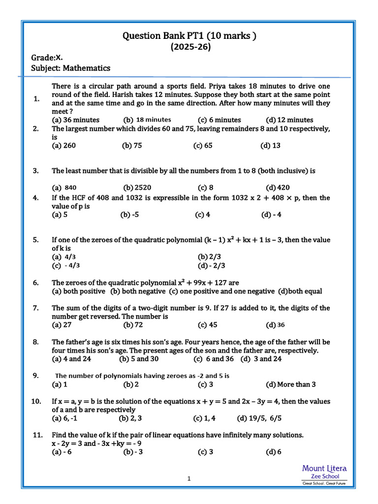 Grade X Mathematics Question Bank 2025-26 | PDF | Zero Of A Function ...