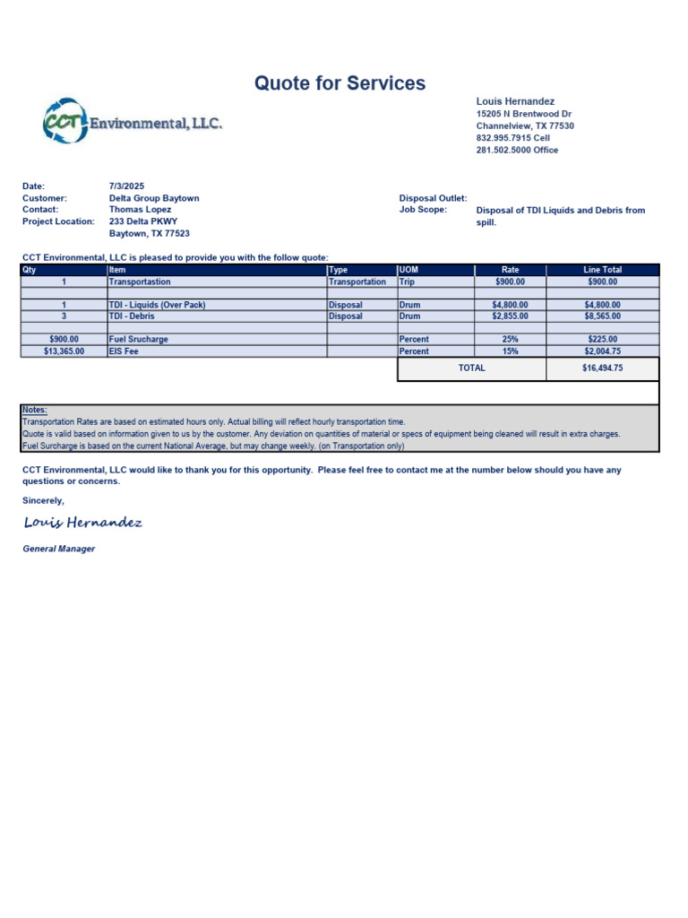TDI Waste Disposal Quote for Delta Group | PDF