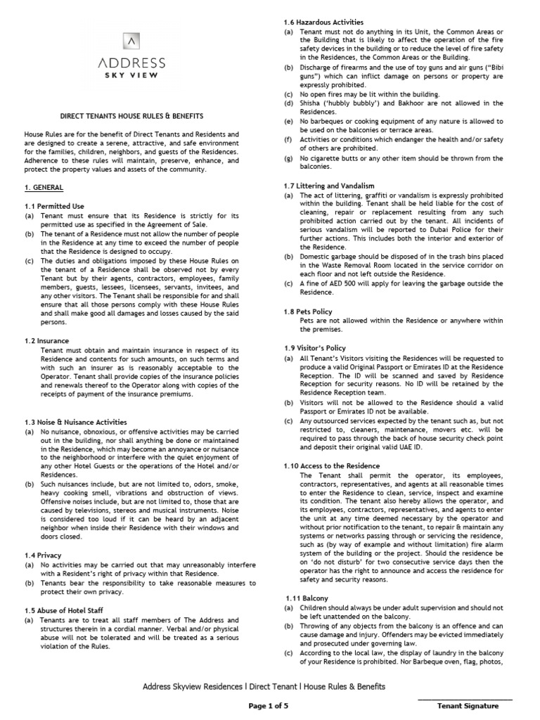 13 - ADSV House Rules and Benefits - Direct Tenants | PDF | Nuisance | Bed