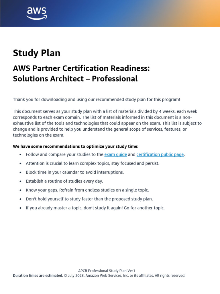 APCR Professional Study Plan Ver1 | PDF | Amazon Web Services ...