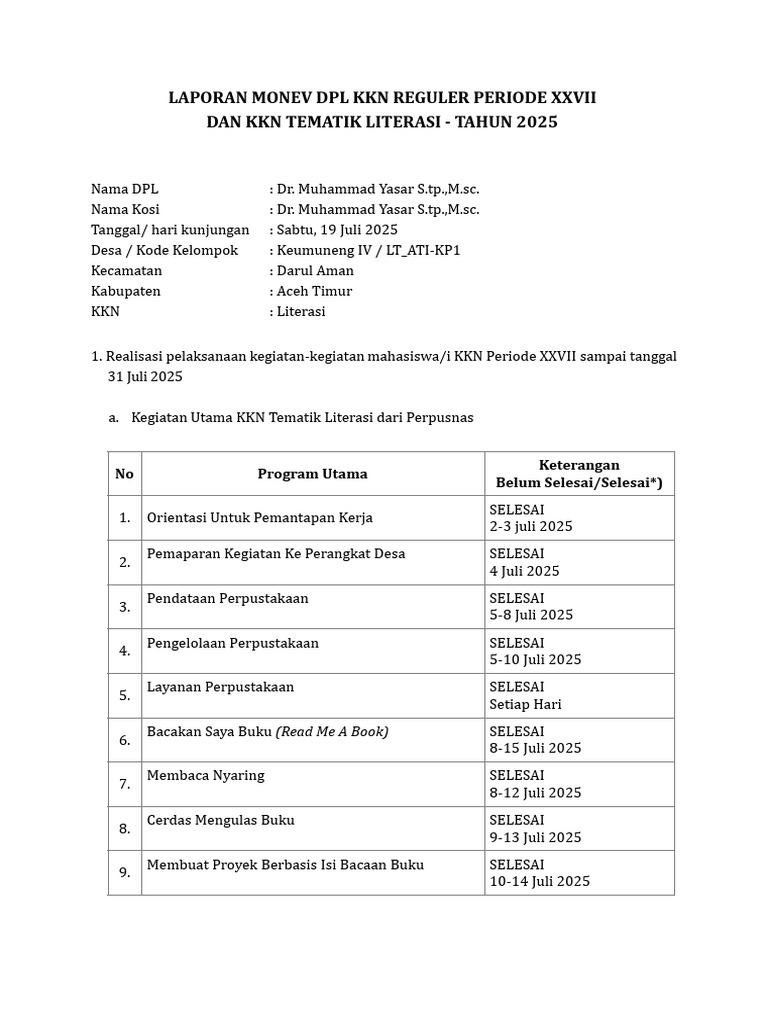 Format Laporan Monev KKN Keumuneng Peut 2025 | PDF