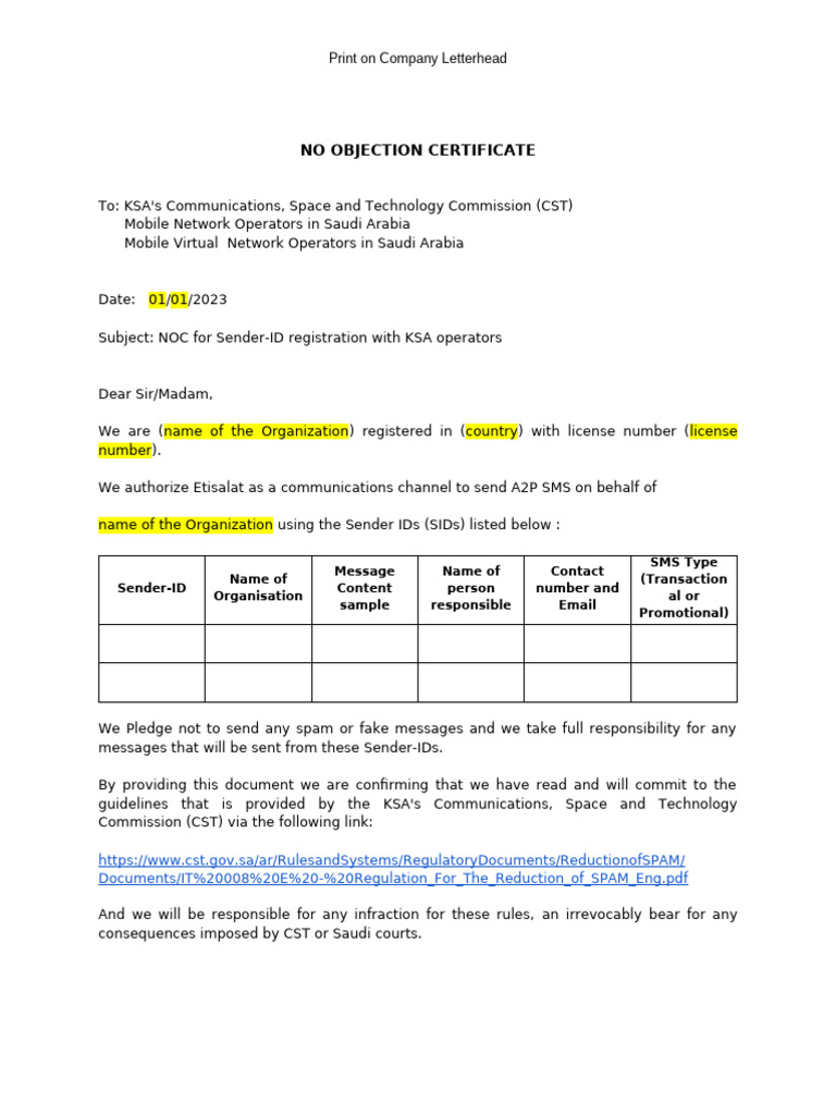 NOC Template KSA 2023 - Updated | PDF