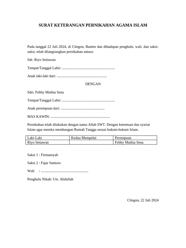 Surat Keterangan Nikah Sirih Riyo Febby | PDF