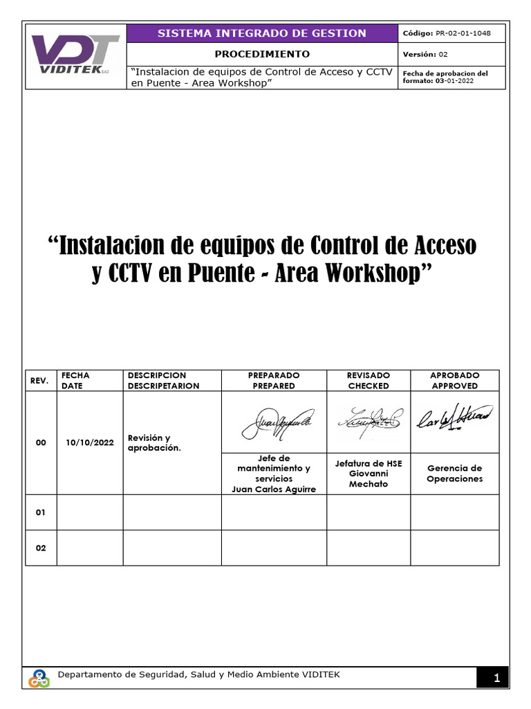 Procedimiento de Trabajo Instalacion de CCTV y ACS Puente en Workshop | PDF | Seguridad y salud ...