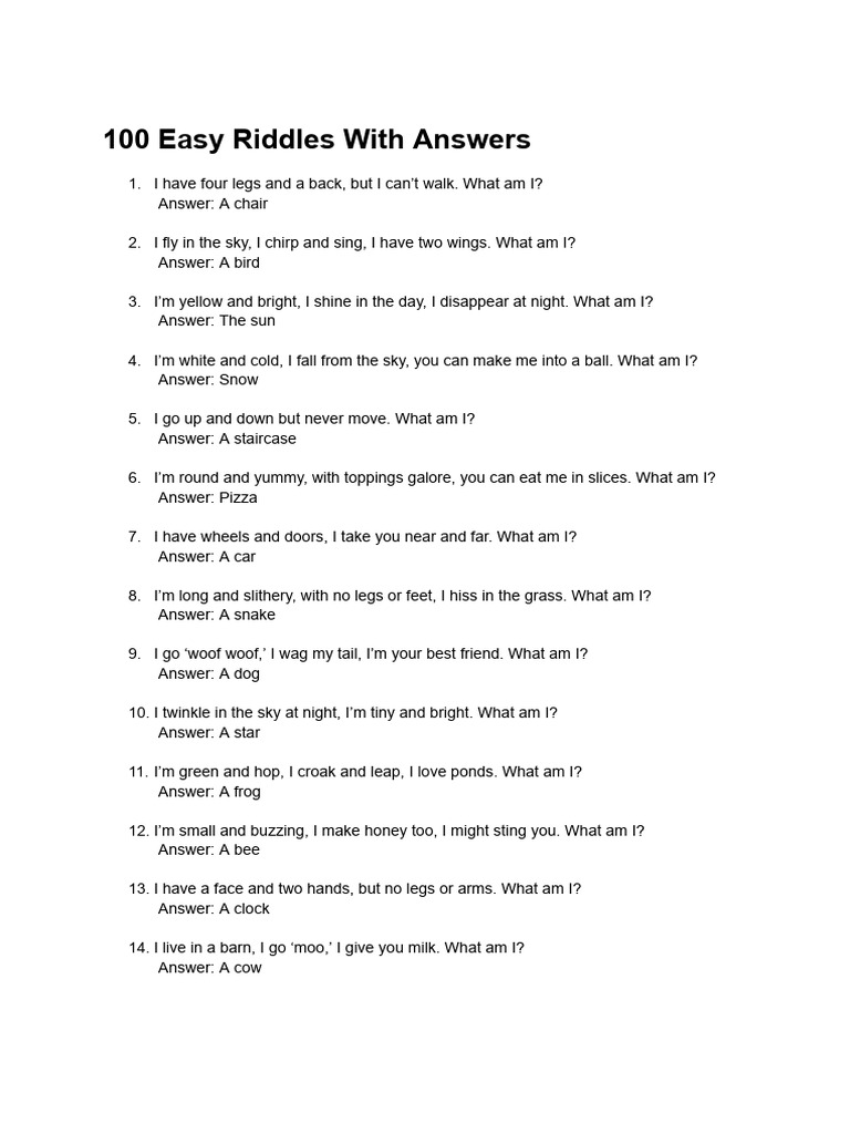 100 Easy Riddles With Answers | PDF