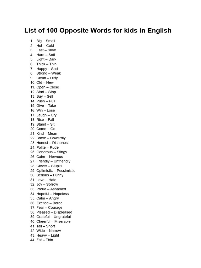 100 Opposite Words for Kids | PDF