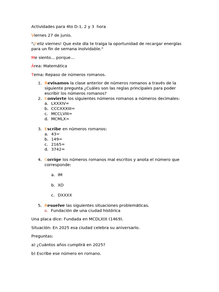 Actividades para 4to D 1, 2 y 3 Hora 27-6 | PDF