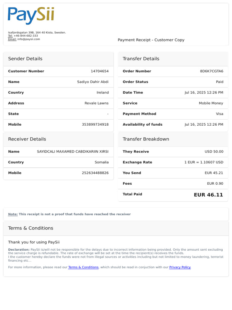 Sender Details Transfer Details: Payment Receipt - Customer | PDF ...