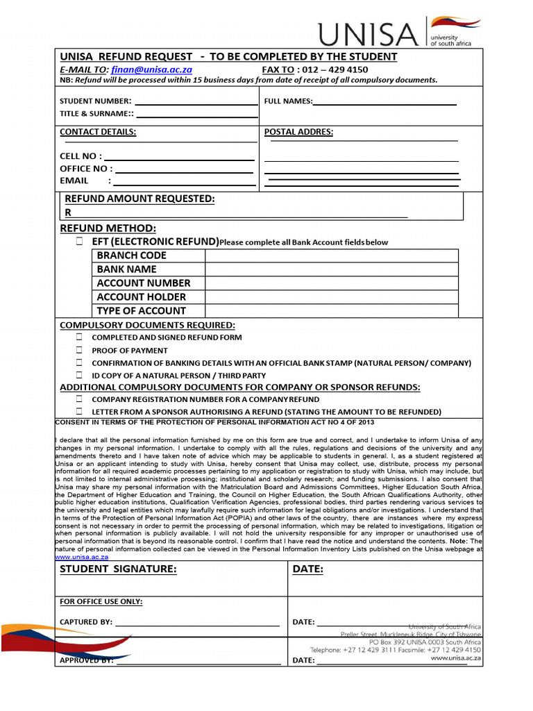 UNISA Refund Request Form 2025 | PDF