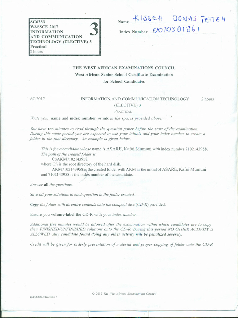 WASSCE 2017 ICT Elective Practical Exam | PDF | Data Management ...