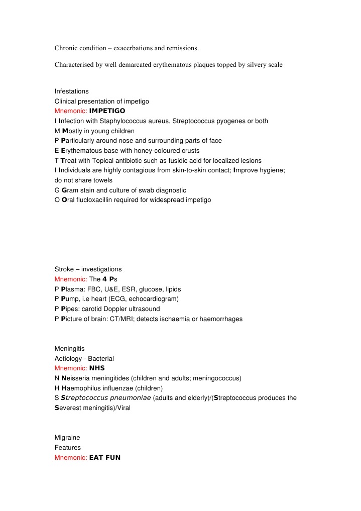 Mnemonic S | PDF | Meningitis | Schizophrenia