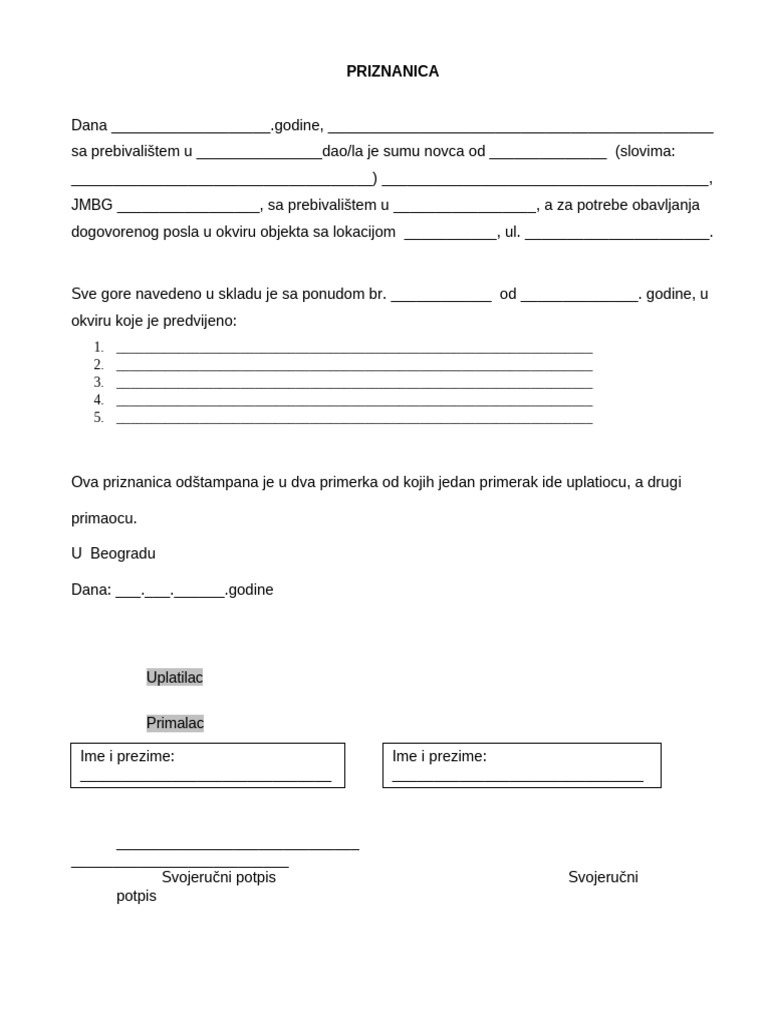 Primer PRIZNANICe Za Dati Novac U Skladu Sa Ponudom | PDF
