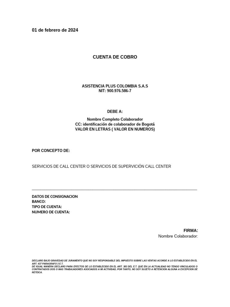 MODELO CUENTA DE COBRO | PDF