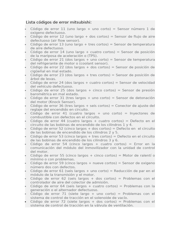 Lista de códigos de error Mitsubishi | PDF | Motores | Motor de ...
