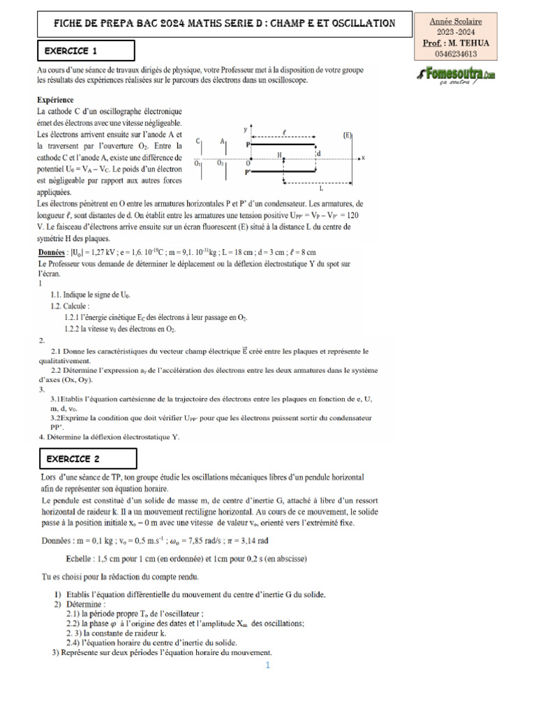 Fiche de Prepa Bac 2024 Maths Serie D Champ e Et Oscillation | PDF