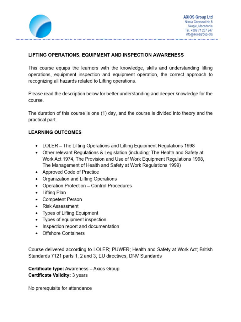 LOLER Awareness Syllabus | PDF
