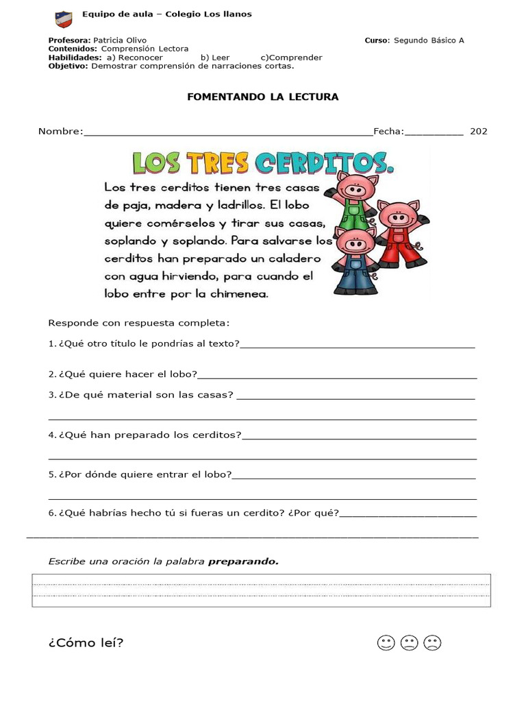 Comprensión del Cuento de los Tres Cerditos | PDF