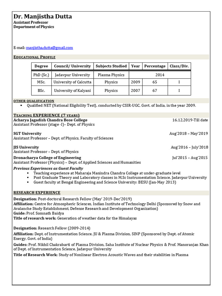 61manjistha-Dutta Delhi Resume | PDF | Plasma (Physics) | Waves