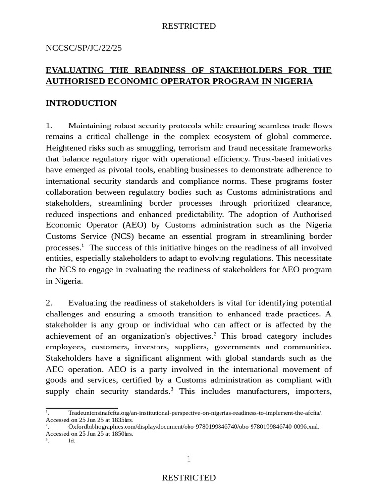 Stakeholder Readiness for AEO in Nigeria | PDF | Supply Chain | Customs